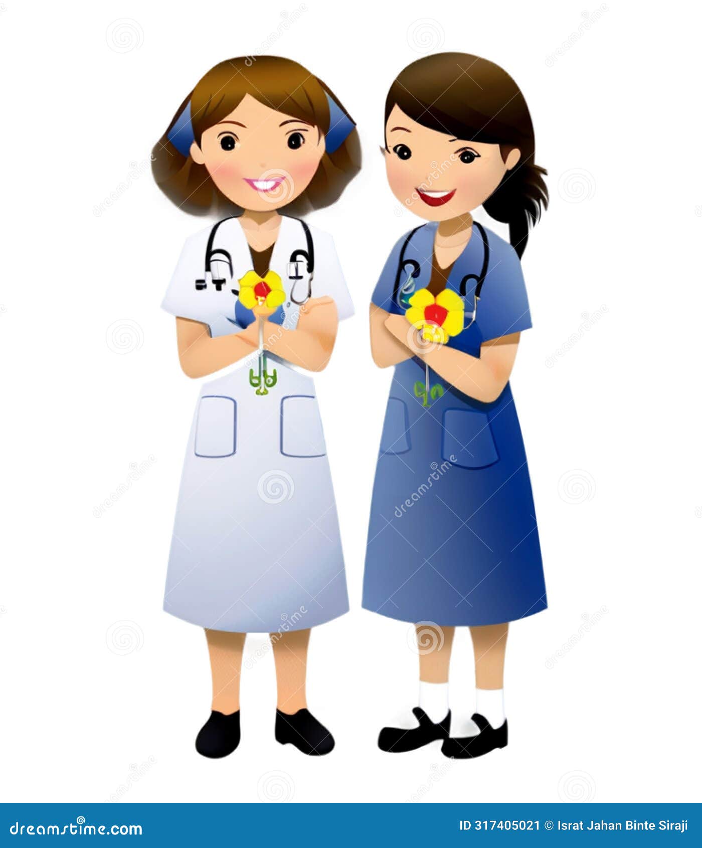 2 Cute Nurses Standing with Flower Stock Illustration - Illustration of ...