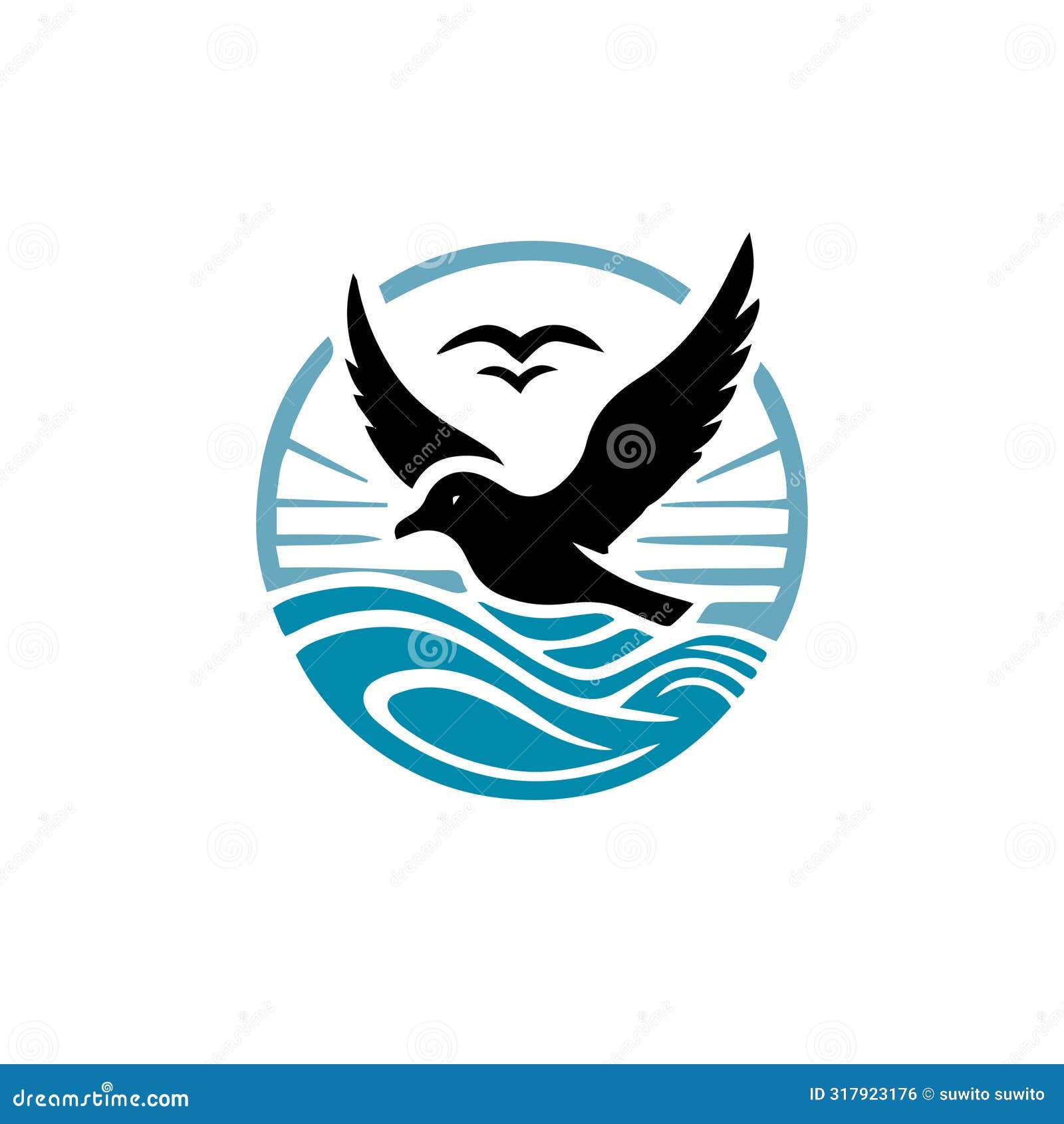 Collection of Sea Logos with Black and White Waves and Seagulls. Stock ...