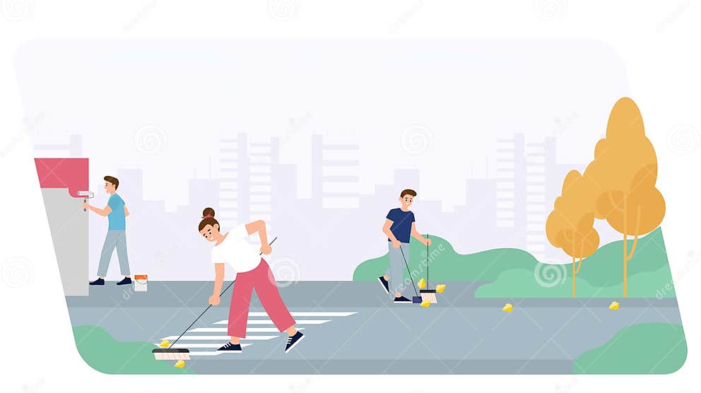Community Service Workers Cleaning the Street and Helping Their ...