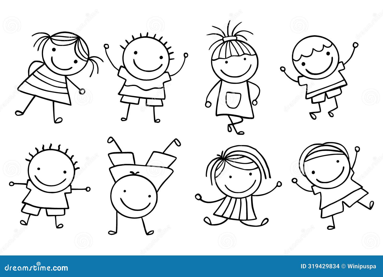 Hand-Drawn Line Art Cartoon of Happy Kids. Stock Vector - Illustration ...