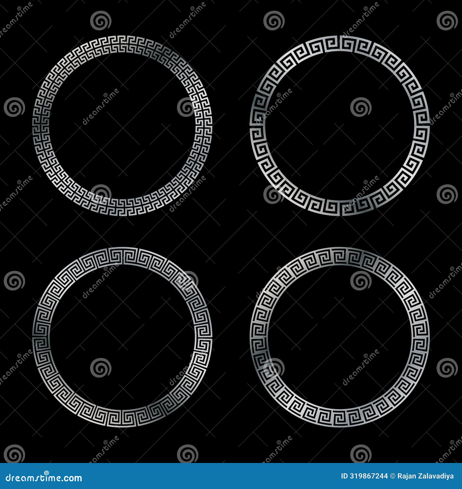 Set of Circle Meander Borders. Round Silver Greek Key Frames. Seamless ...
