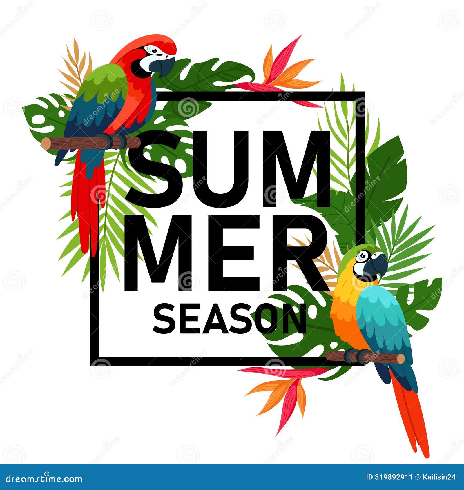 Summer Banner with Parrots and Tropical Plants in Flat Style. Summer ...