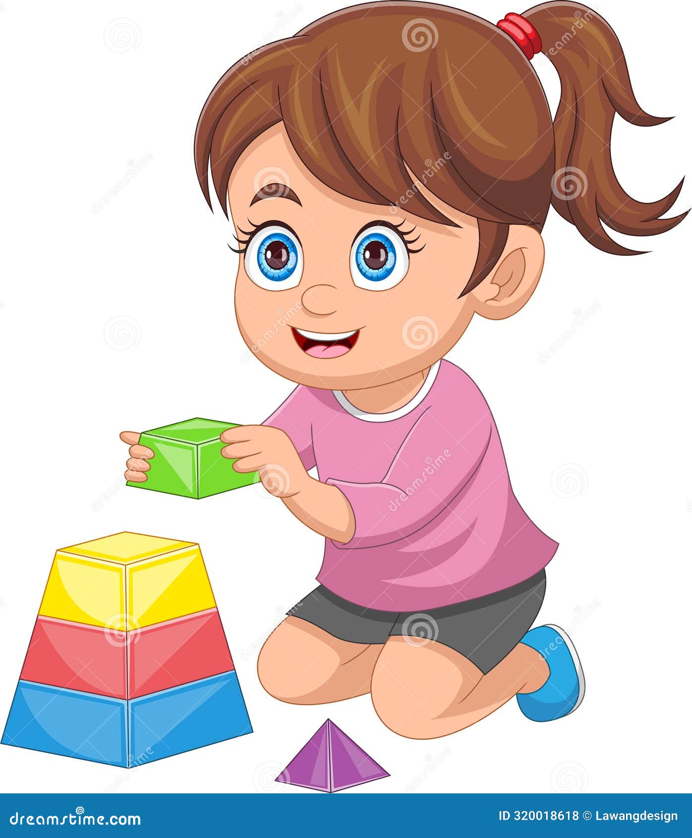 Cartoon Little Girl Playing with Building Blocks Stock Illustration ...