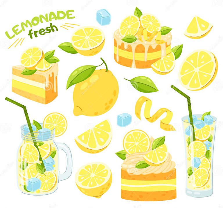 Set of Illustrations of Fresh Lemon, Lemon Desserts and Lemon Drinks in ...