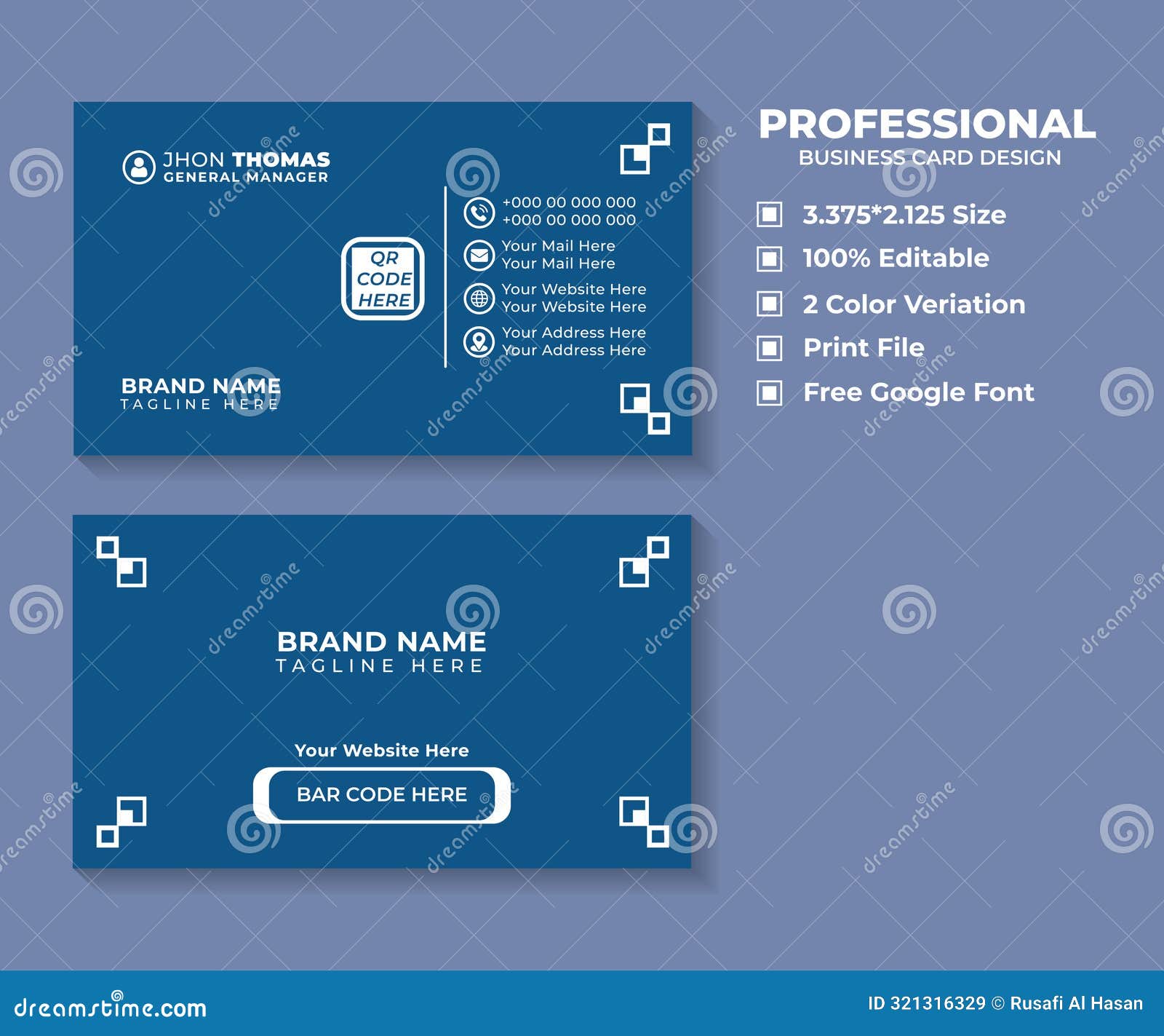 Blue Color Business Card with Elegant Style. Two Sided Corporate ...