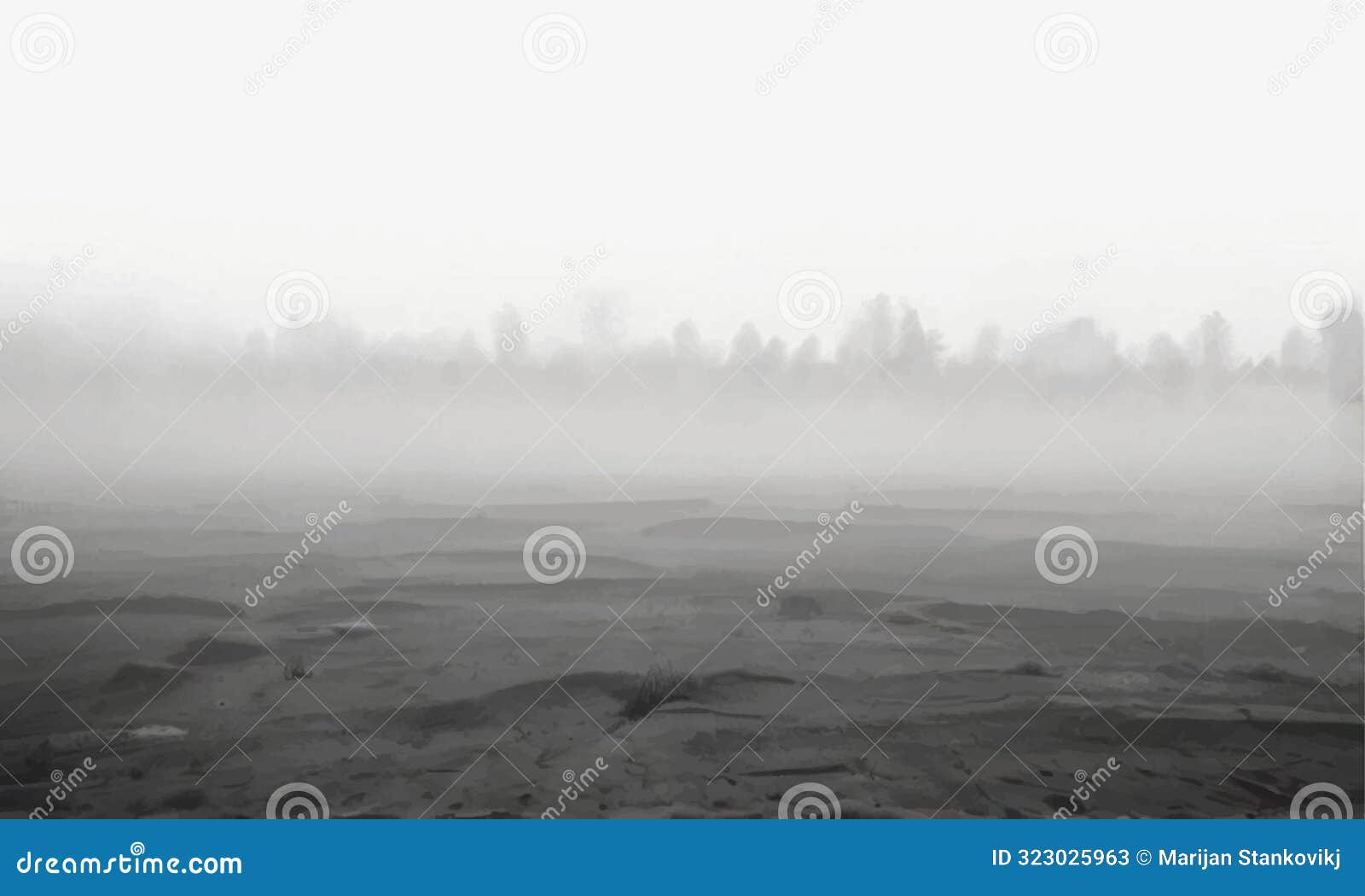 Black and White Cinematic Surreal Vector Illustration of Landscape with ...