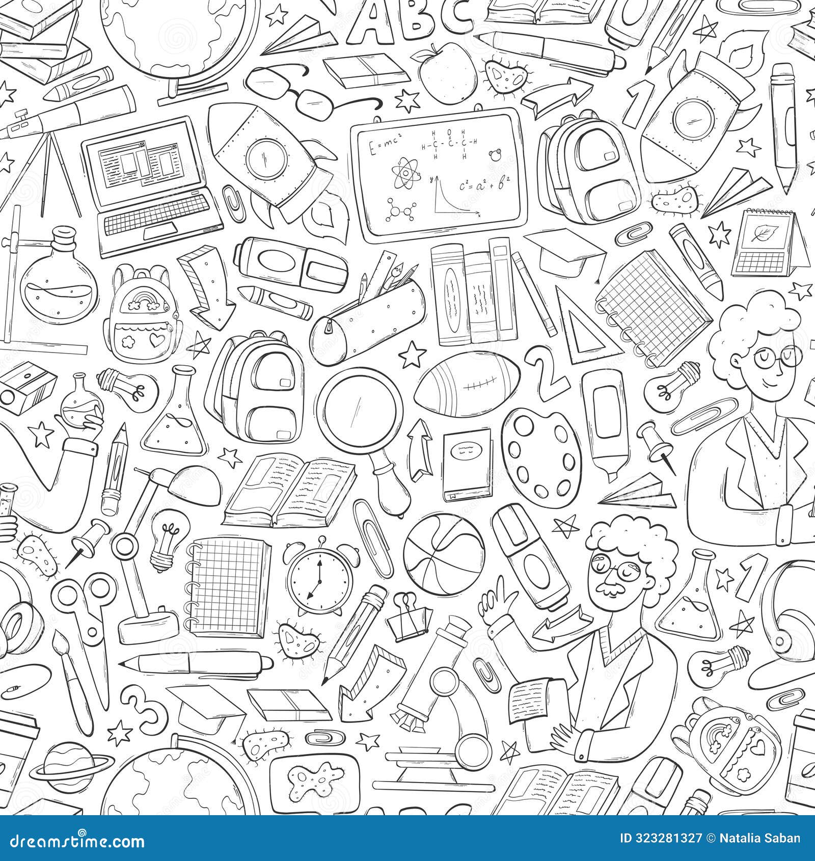 School Monochrome Doodles Seamless Pattern Stock Illustration ...