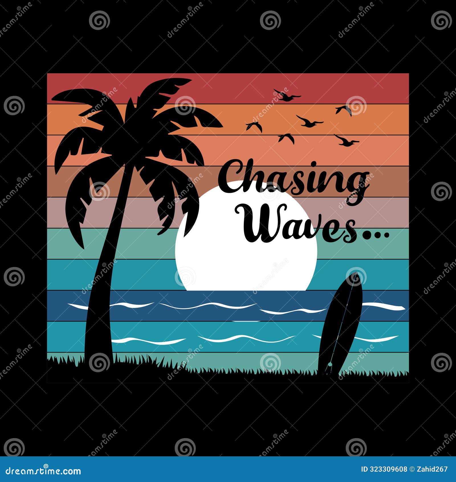 Chasing Waves Tropical Sunset T-Shirt Design Template Stock Vector ...