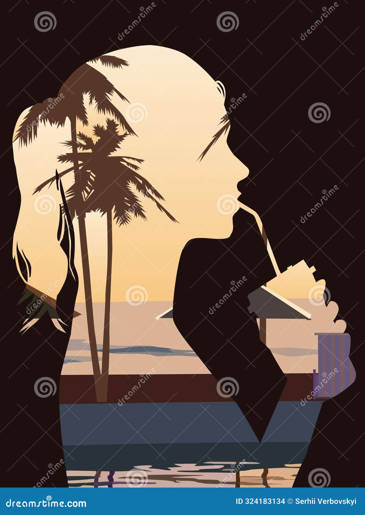 Vector Illustration Depicting the Silhouette of a Girl Drinking a ...