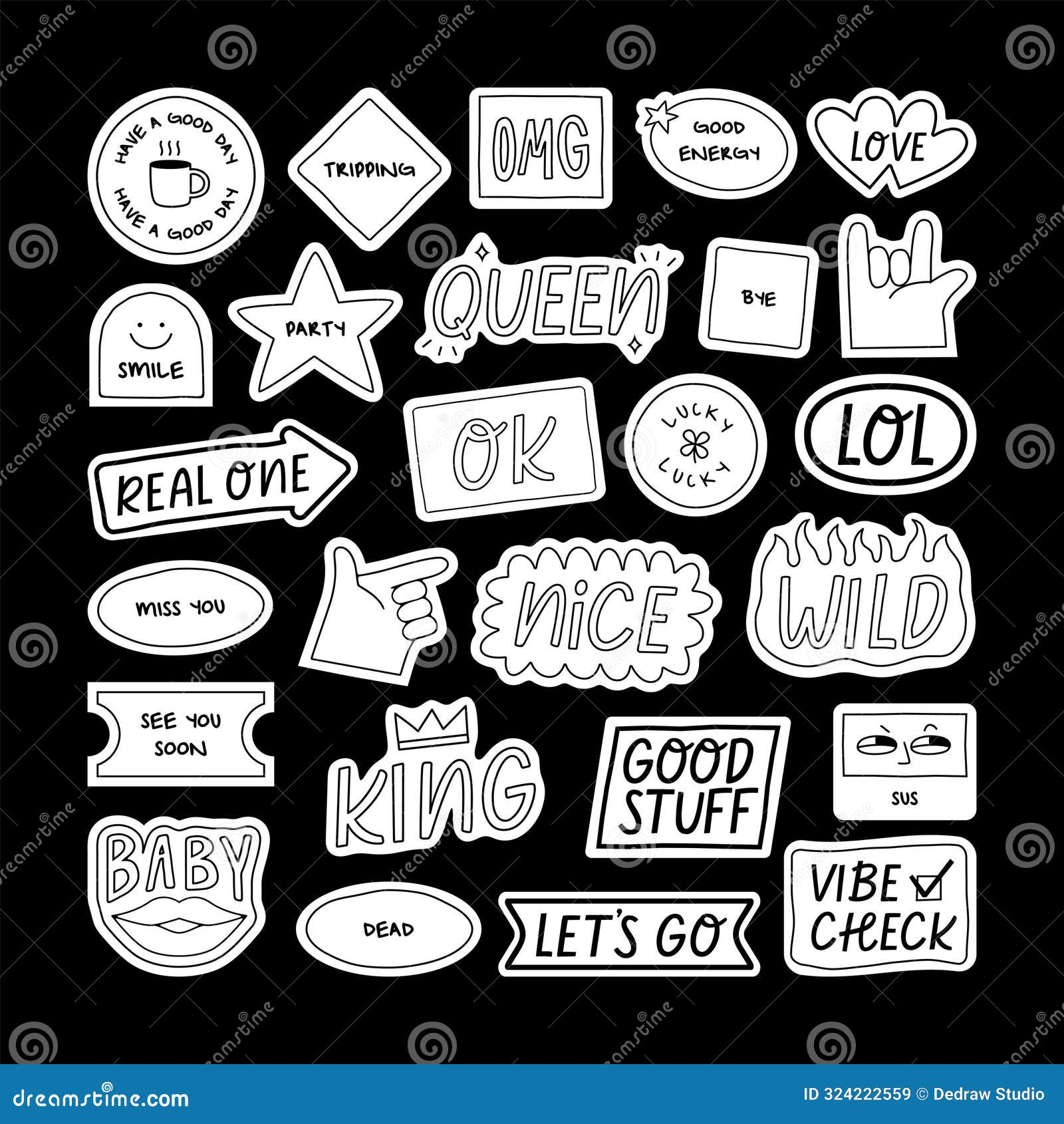 Set of Fun Black and White Sticker Illustration Stock Vector ...