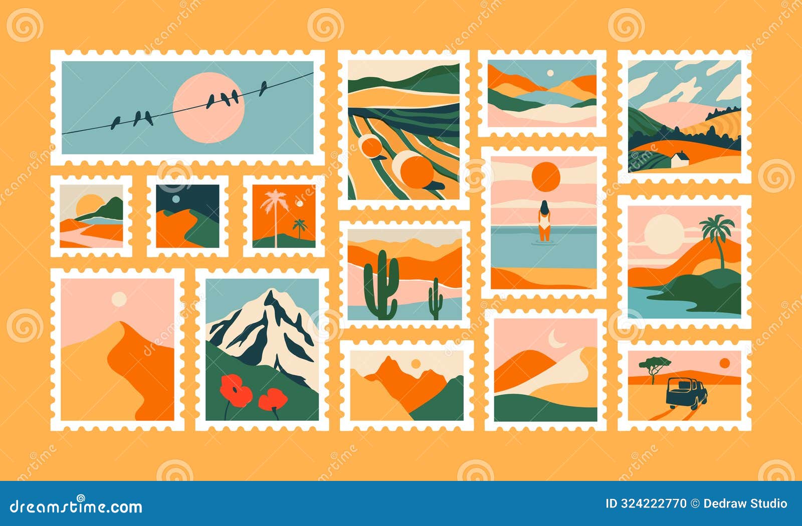 Set of Retro Nature Landscape Post Card Stamp Stock Vector ...