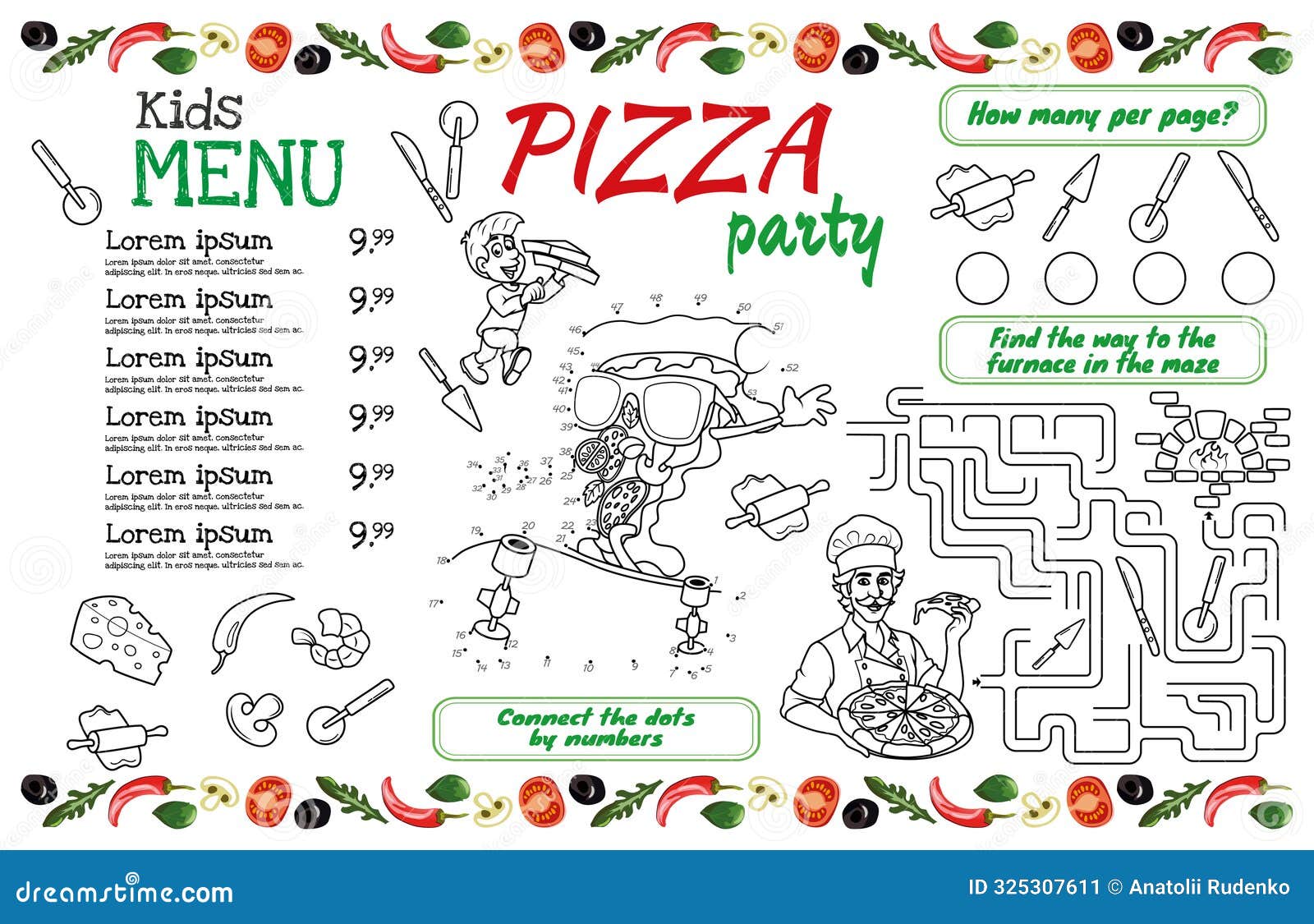 Kids Menu for a Pizzeria with Interesting Tasks for Children. Stock ...
