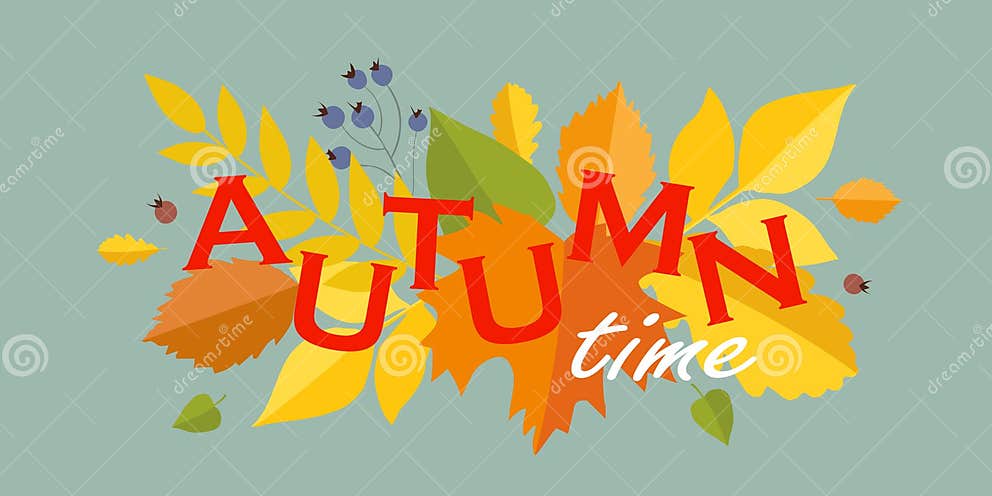 Autumn Time Phraze with Colorful Leaves Isolated on a Blue Background ...