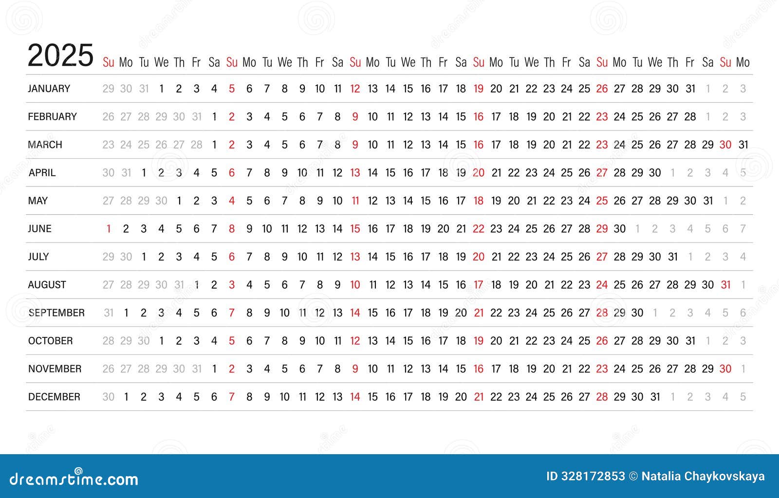Calendar 2025 Template Set Vector, Week Starts Sunday, Set Of 12 Month ...
