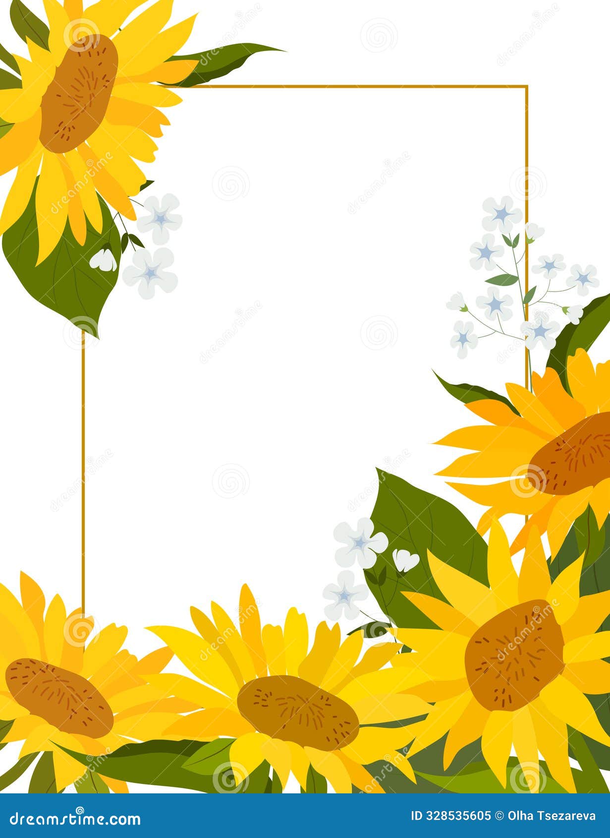 Gold Rectangle Frame with Sunflowers Isolated on a White Background ...