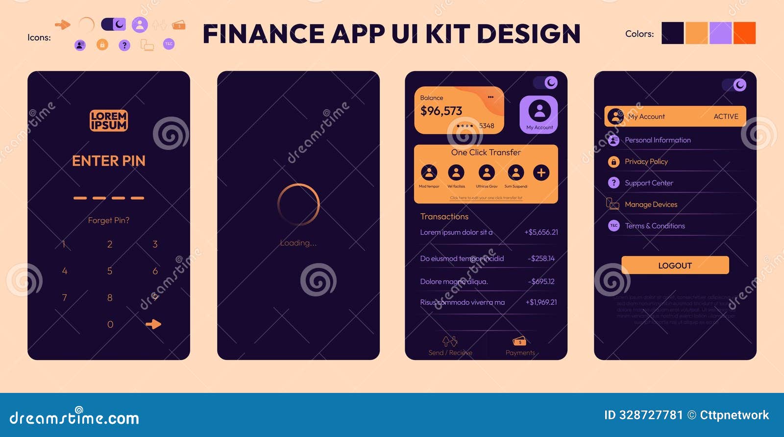 Finance App UI Kit Design with Editable Vector Screens and Color ...