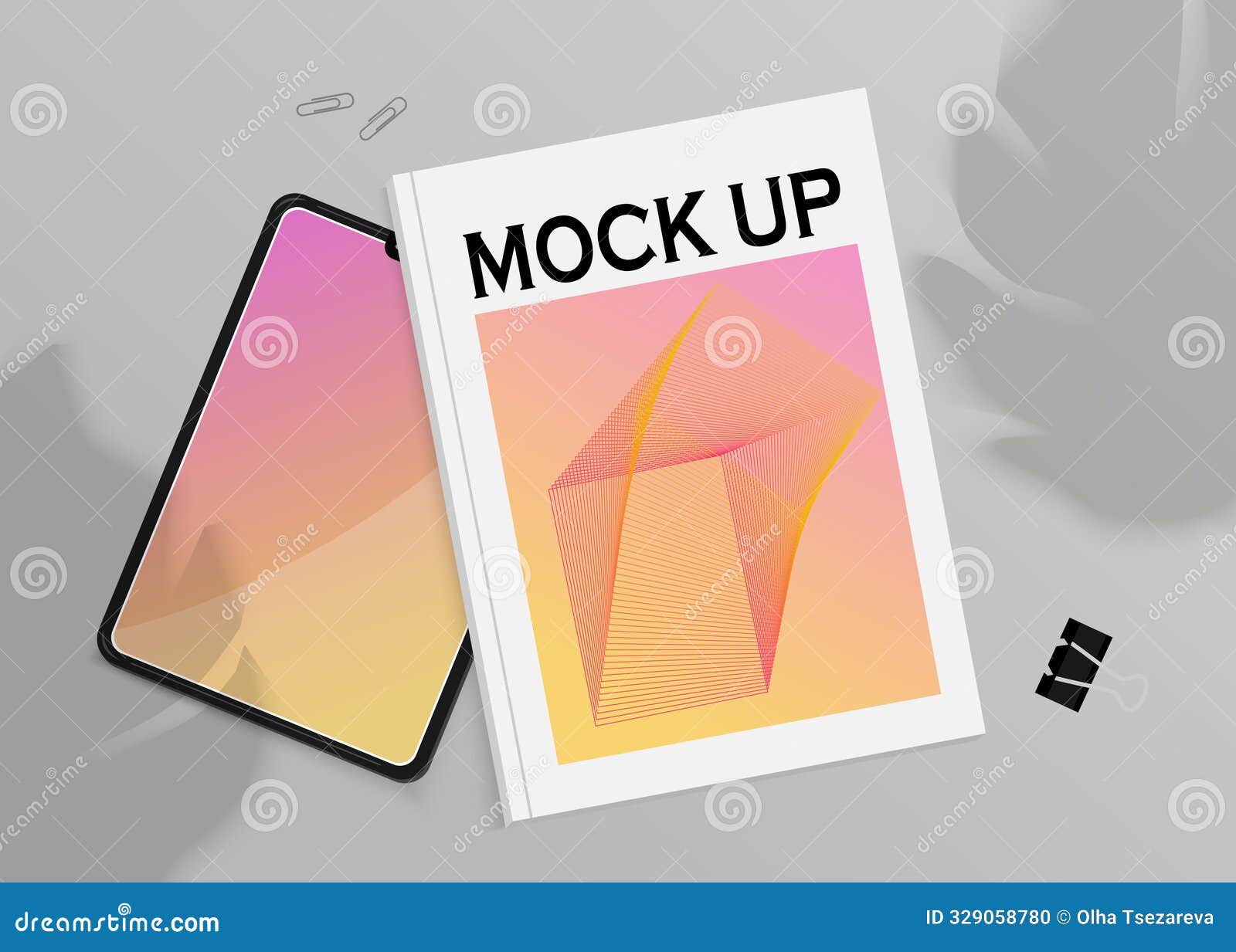 Magazine Template on Table with Tablet and Shadows Stock Vector ...