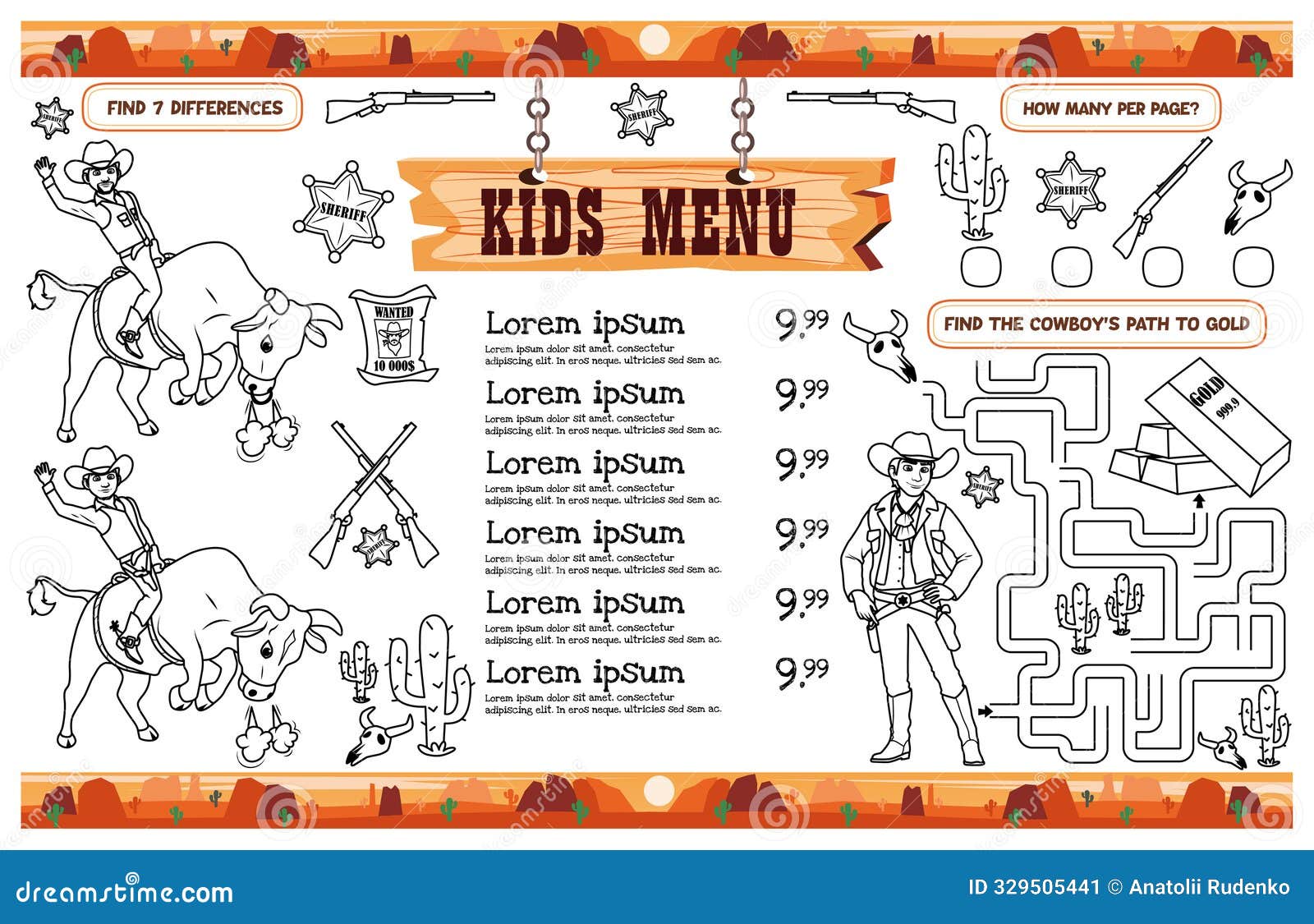 Wild West Themed Kids Menu with Fun Activities for Kids. Stock Vector ...