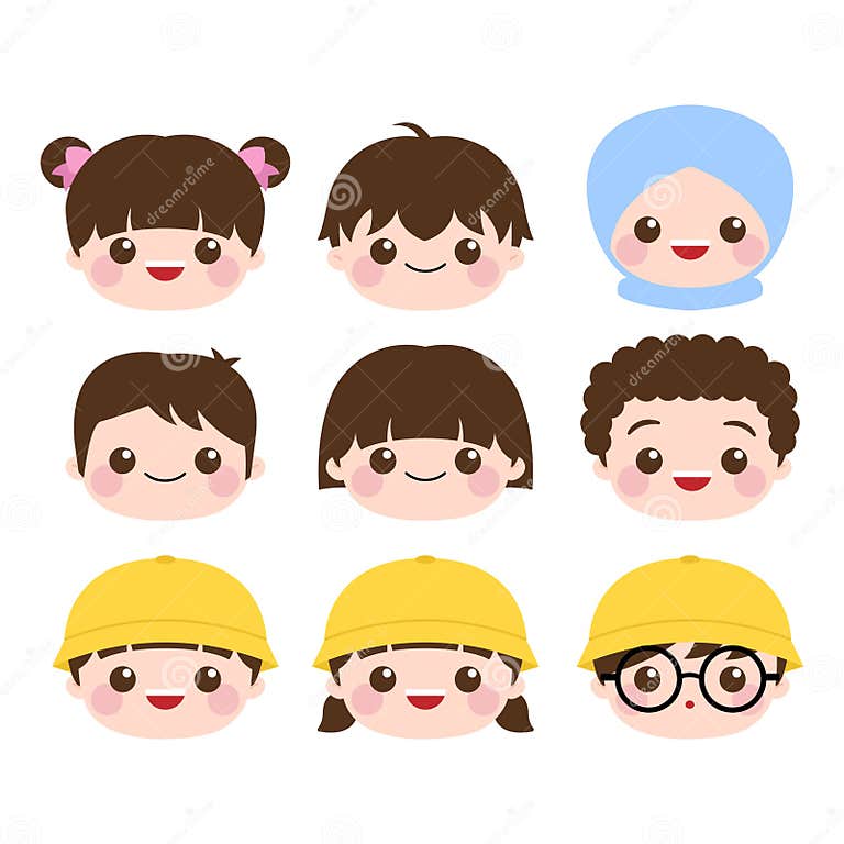 Set of Cute Children Head Cartoon Style Stock Illustration ...