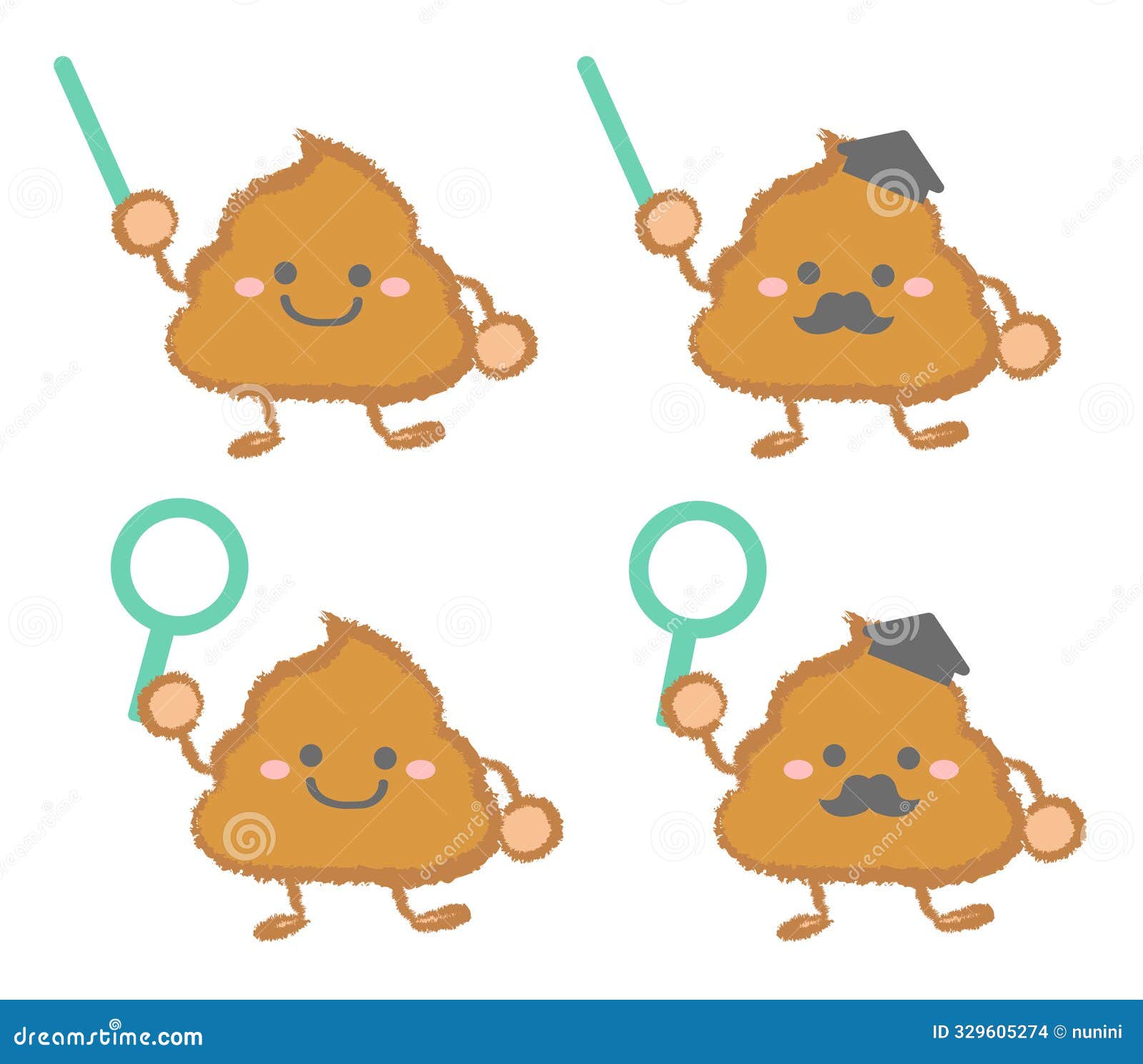 Brown Poop Character Set with Magnifying Glass and Stick Stock Vector ...