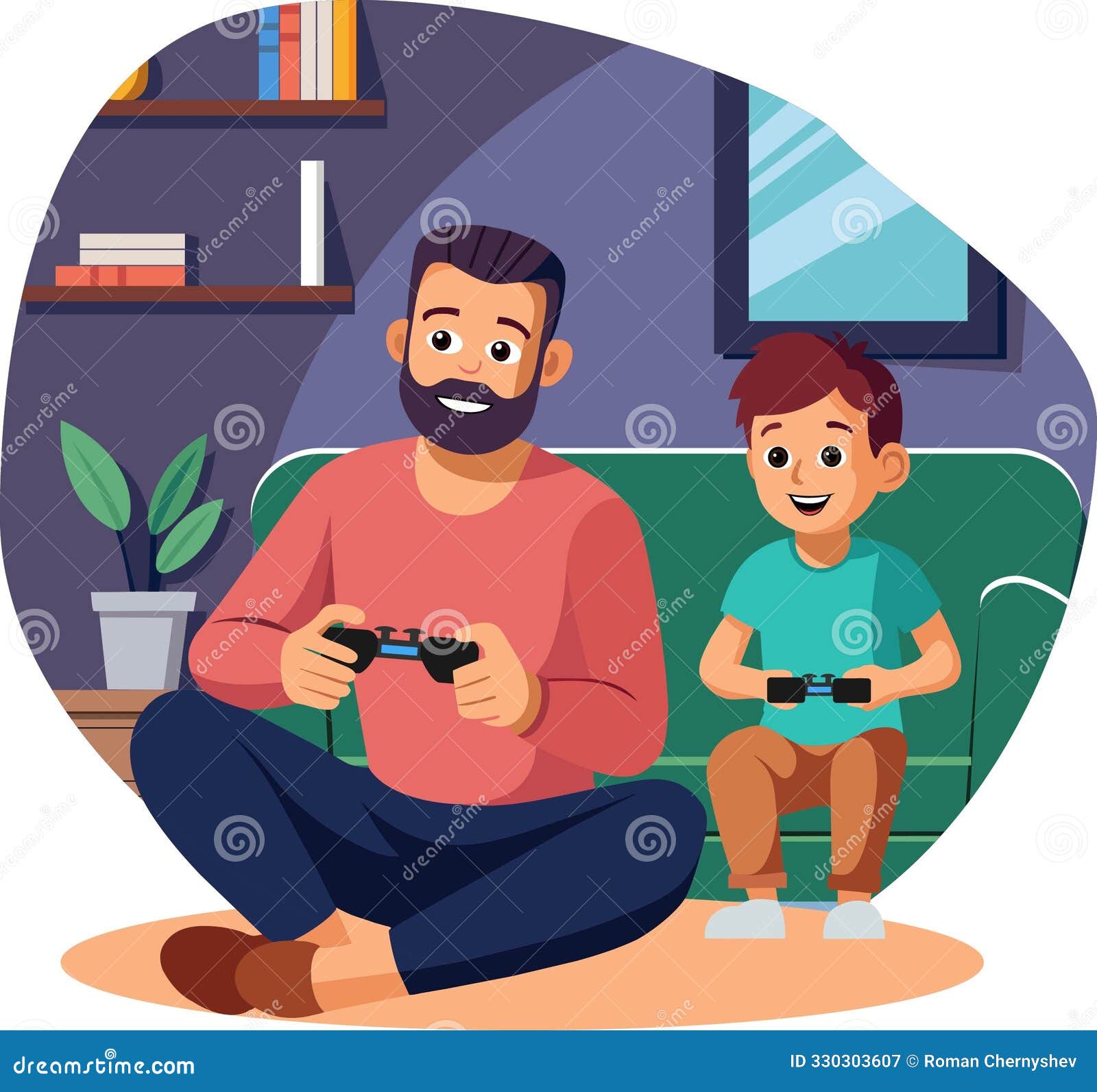 Dad Plays with His Son on the Console at Home. Stock Vector ...