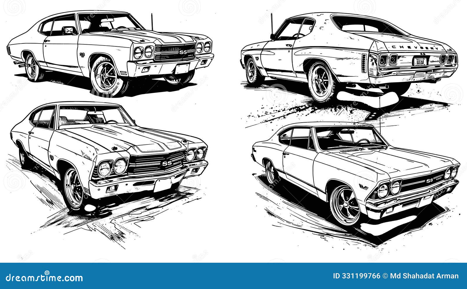 Highly Detailed Ink Sketch of Chevrolet Chevelle Set Featuring Classic ...