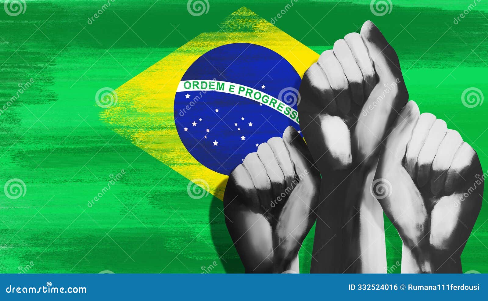 Multiple Clenched Fists with Brazil Flag Behind Them. Protest in Brazil ...