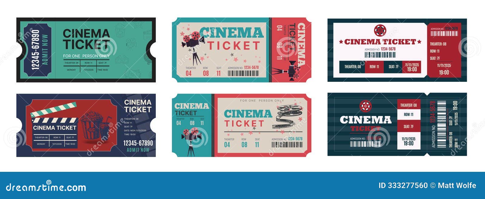 Vintage Style Cinema Ticket Design Collection Vector Set Stock Vector ...