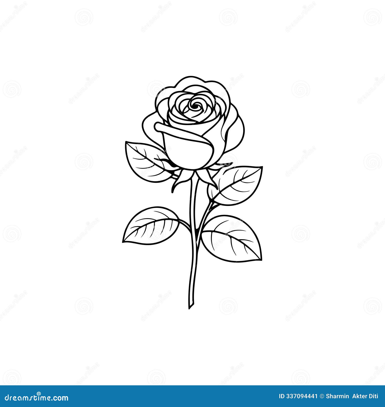 A Single Elegant Rose with a Stem and Leaves Stock Illustration ...