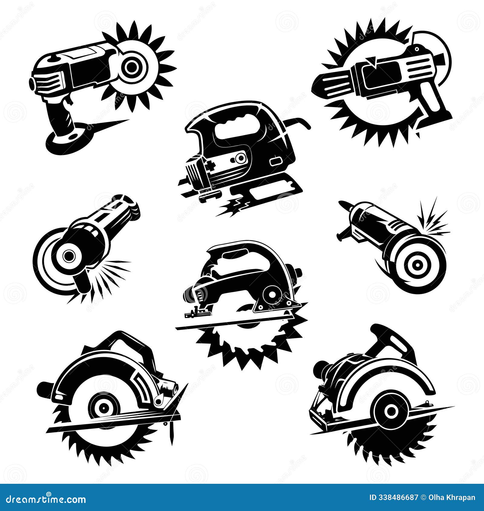 Set of Construction Tools: Jigsaw, Circular Saw, Angle Grinder ...