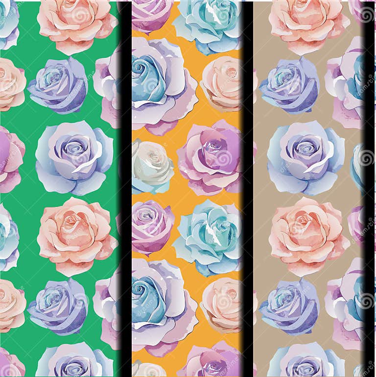 Soft Pastel Rose Pattern on Green, Orange, and Taupe Backgrounds Stock Illustration ...