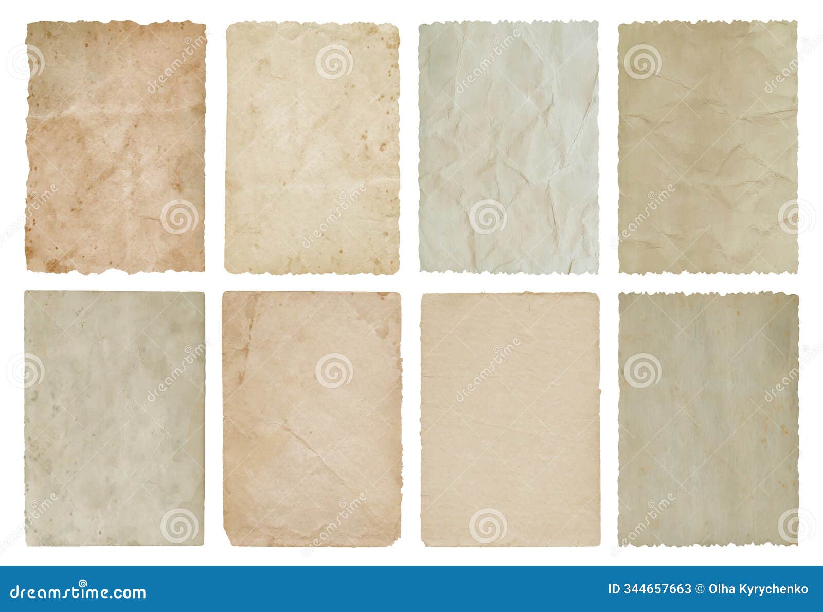 Collection of Old Vintage Paper Sheets, Crumpled Stained Parchment Set ...