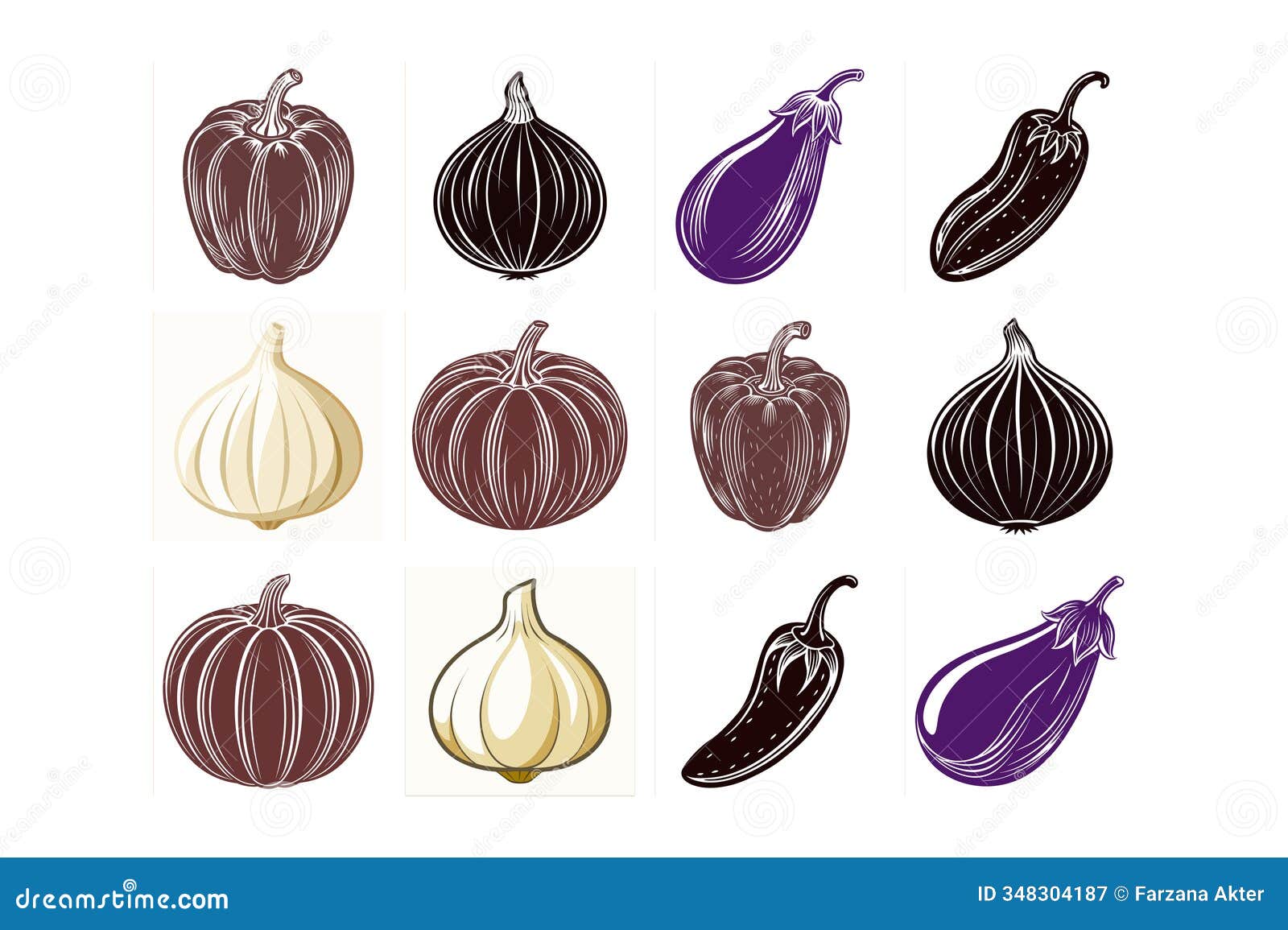 Set of Vegetables Illustration with Contour Drawing. Coloring, Line ...