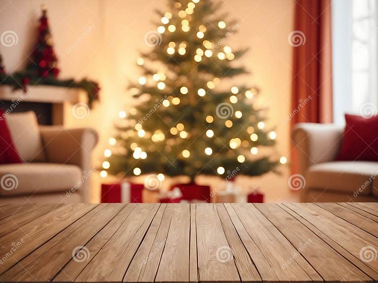 A Wooden Tabletop with Christmas Tree in the Background. Stock ...