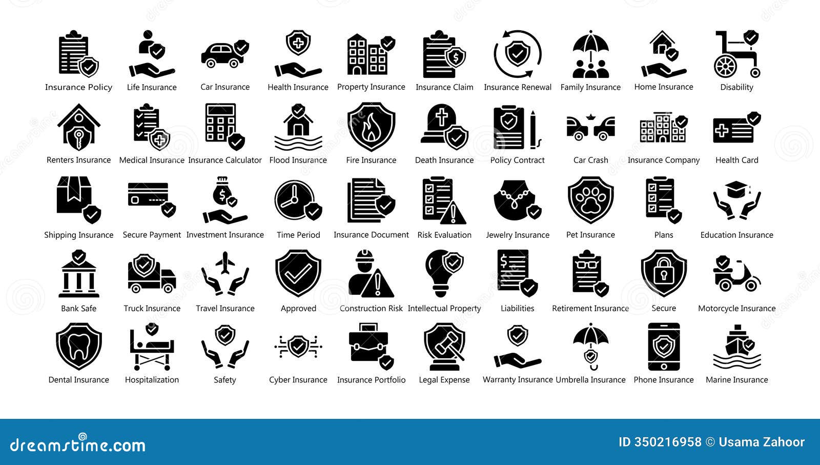 Insurance Icon Set: 50 Reliable Fill Vector Icons in Black Stock Vector ...