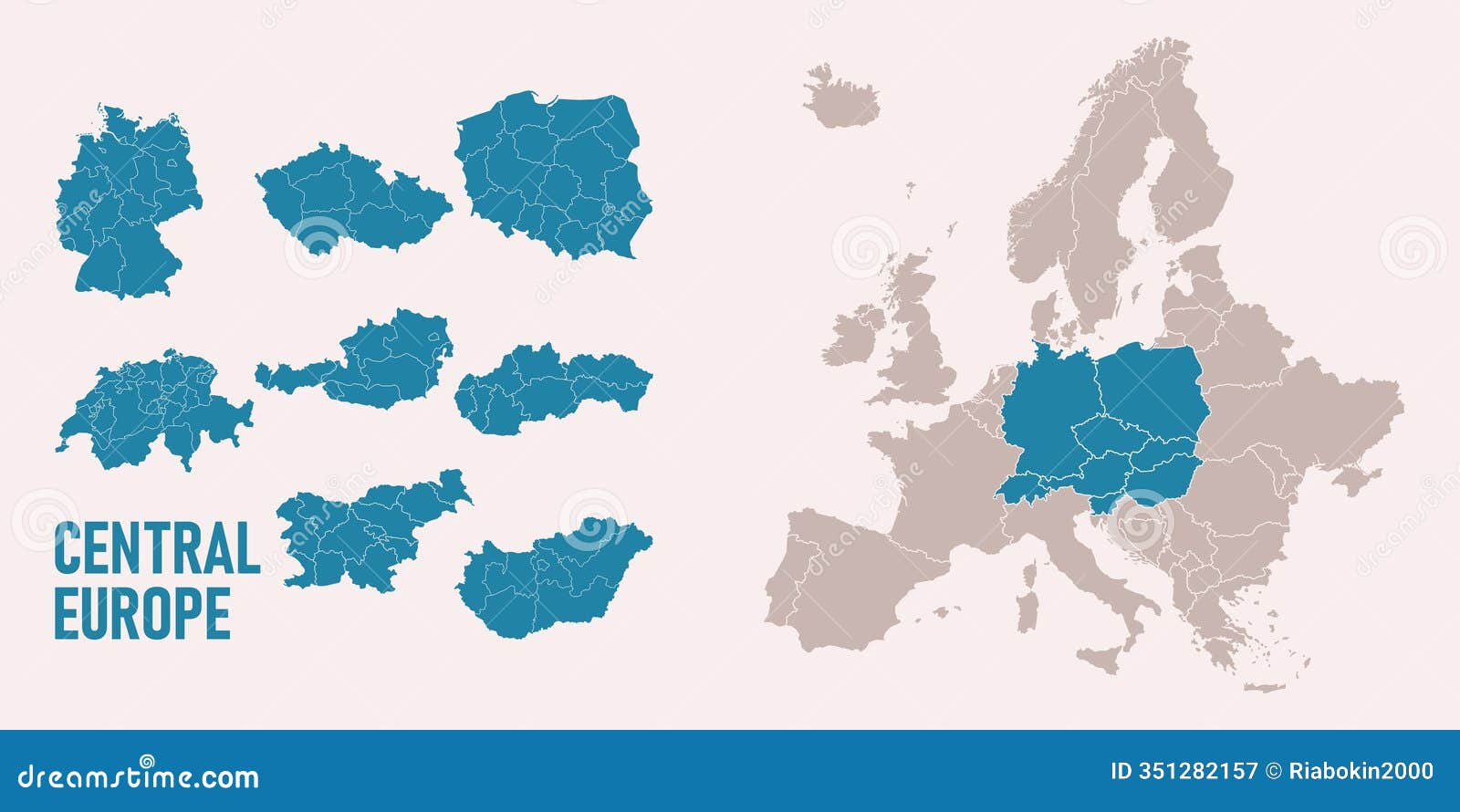 Highly Detailed Blue Illustration Map of Central Europe. Stock Vector ...