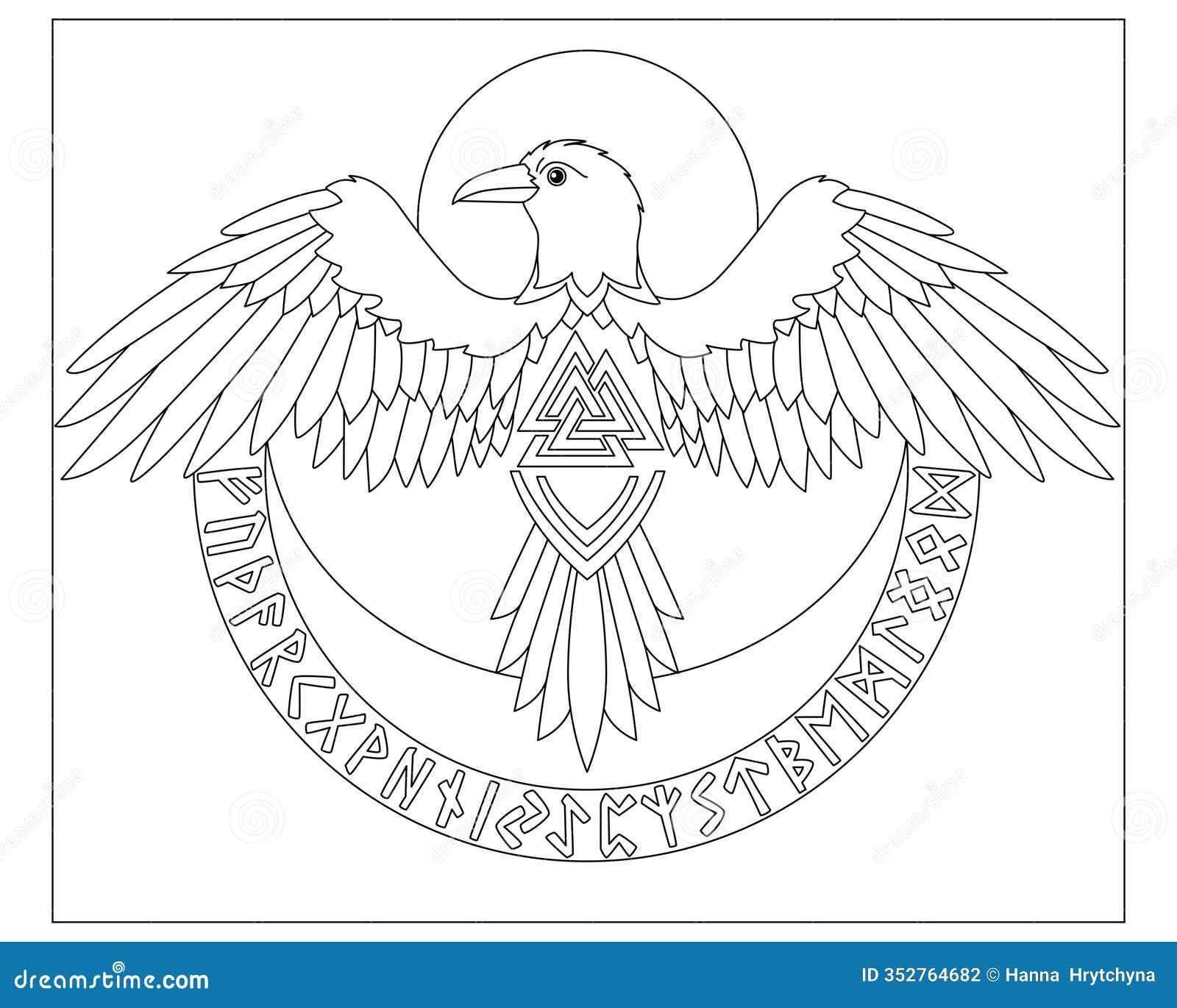 Odin S Raven, Elder Futhark Runes and Moons on Snowy Sky Background ...