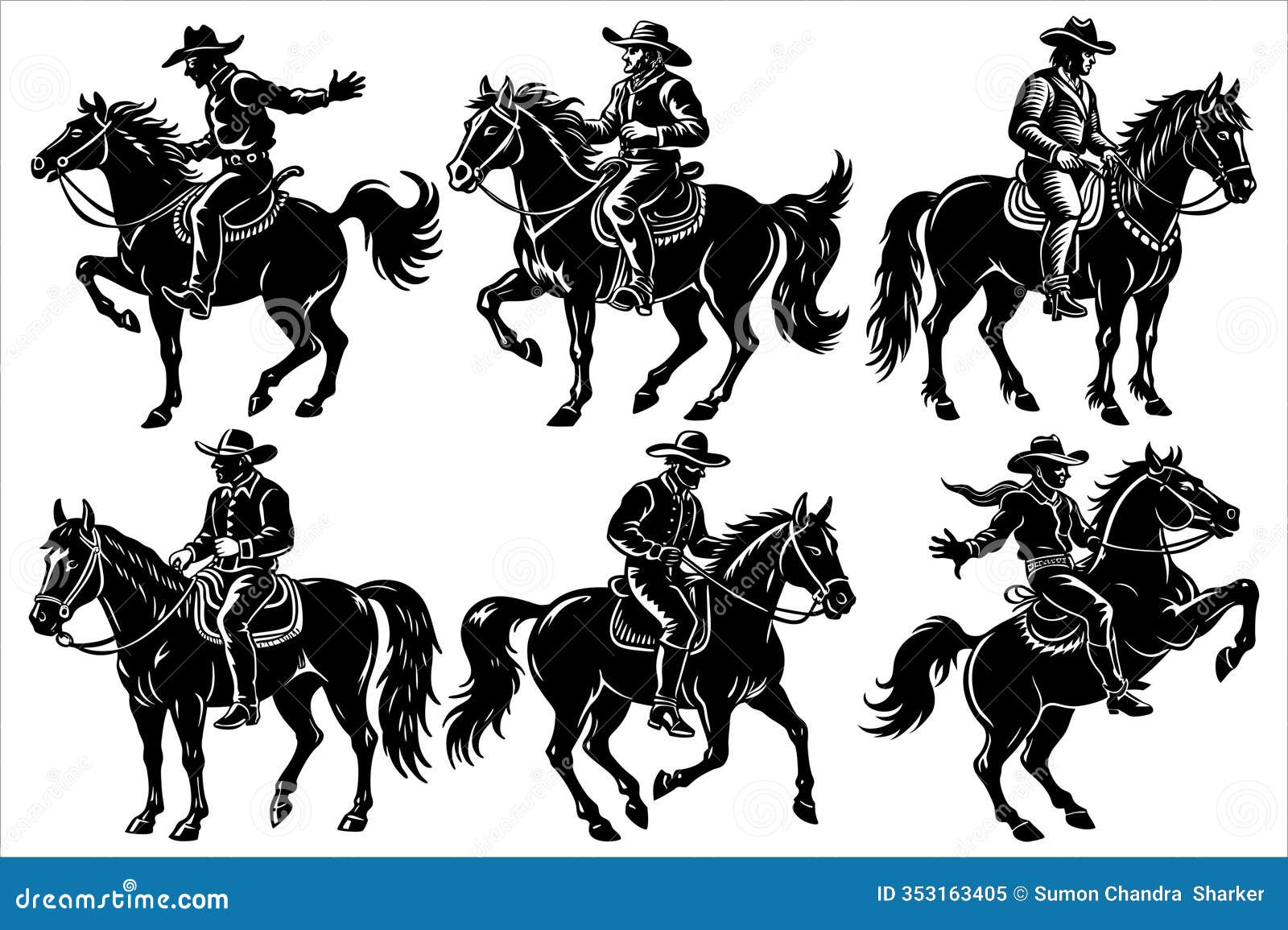 Set of Hand-Drawn Cowboy on Bucking Bronco Horse Silhouette Vector ...