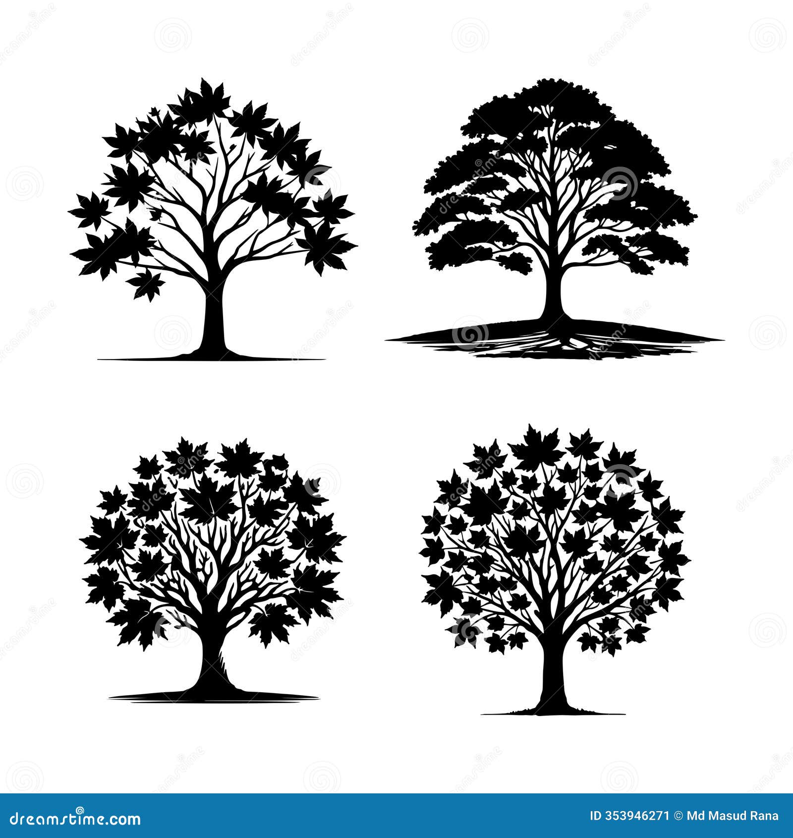 Maple Tree Silhouettes Black Color Simple Clean Vector Illustrations ...