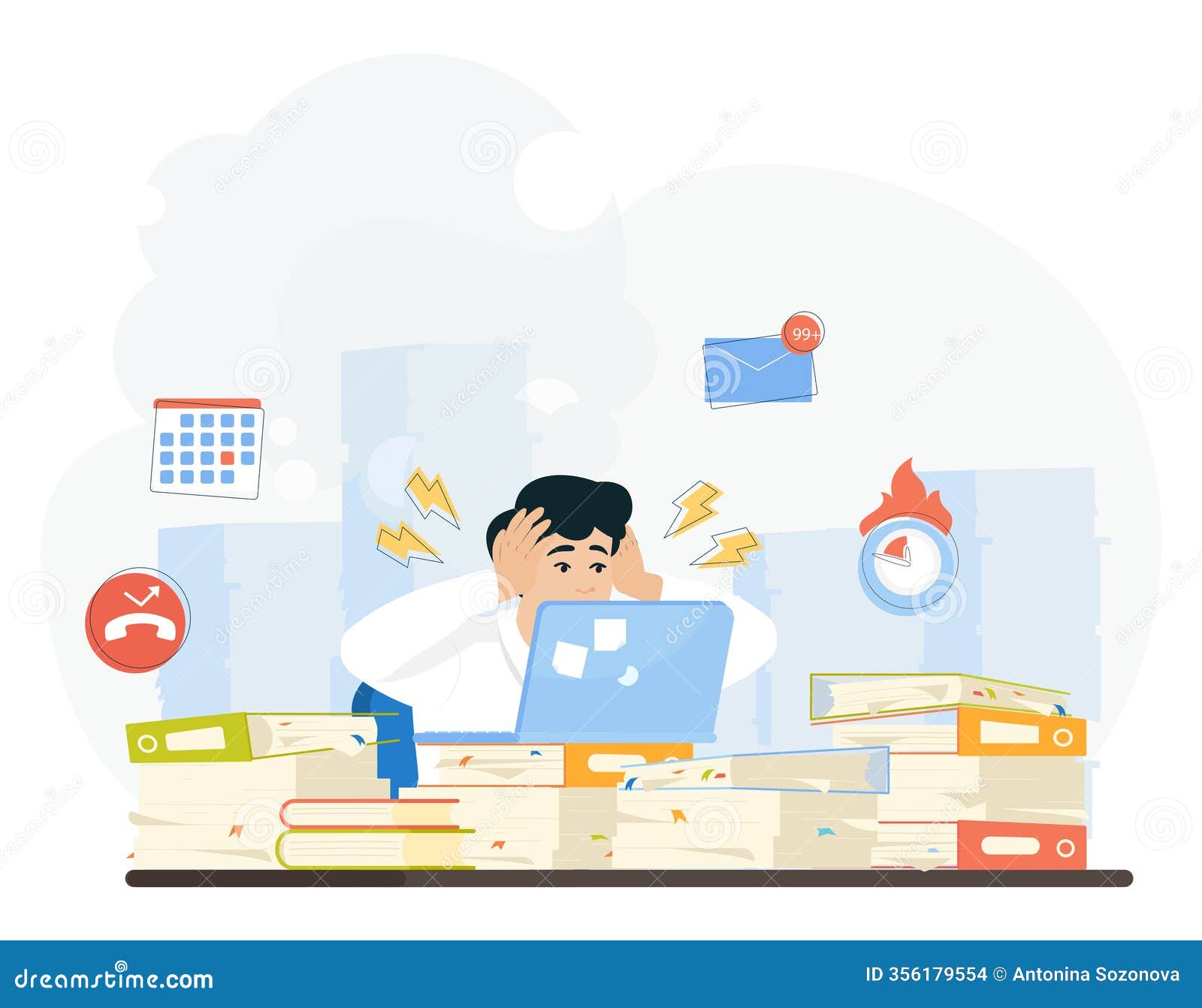 Employee Character With Stack Of Paper Working. Work At Laptop. Icons ...