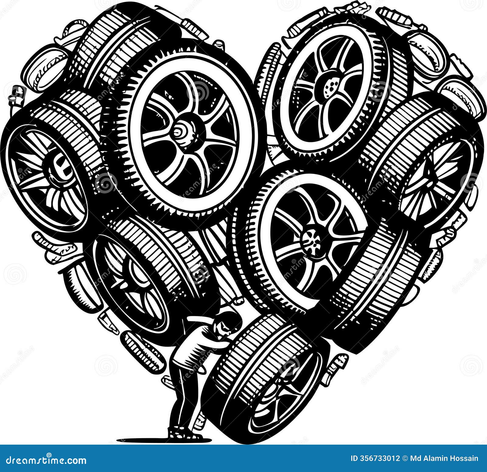 Heart Shaped Composition of Car Tires. Black and White Sketch Stock ...