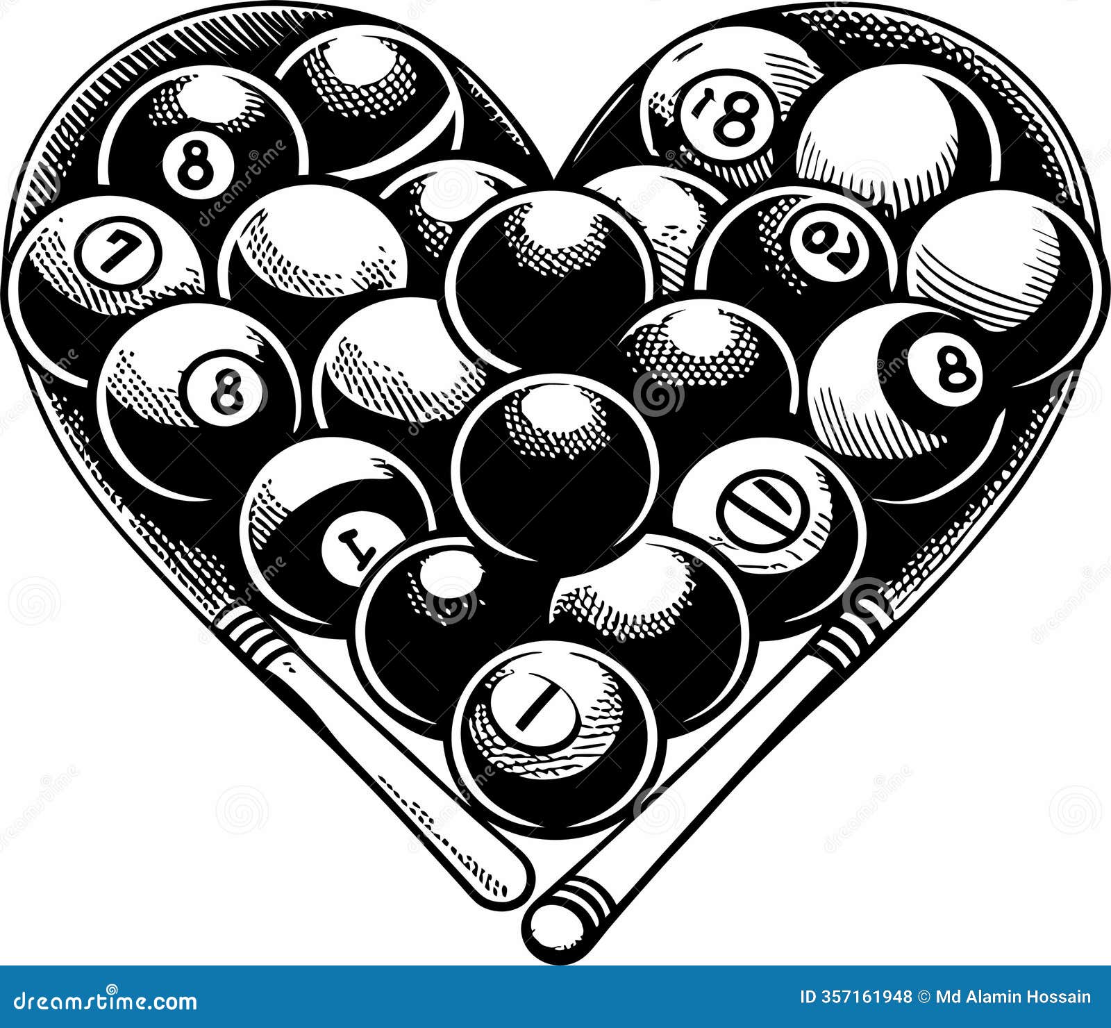 Heart-shaped Billiard Balls and Bats. Black Illustration, Etching ...