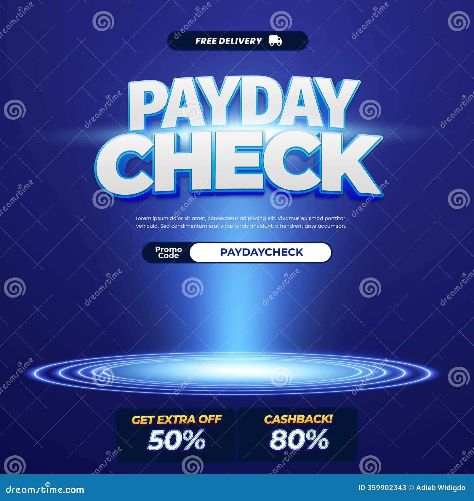 Payday Check Promotional Banner with Bright Neon Blue Design for Online ...