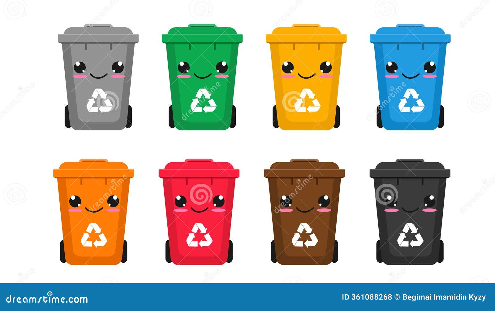 Plastic Trash Cans in Kawaii Style. Set of Vector Trash Cans Stock ...