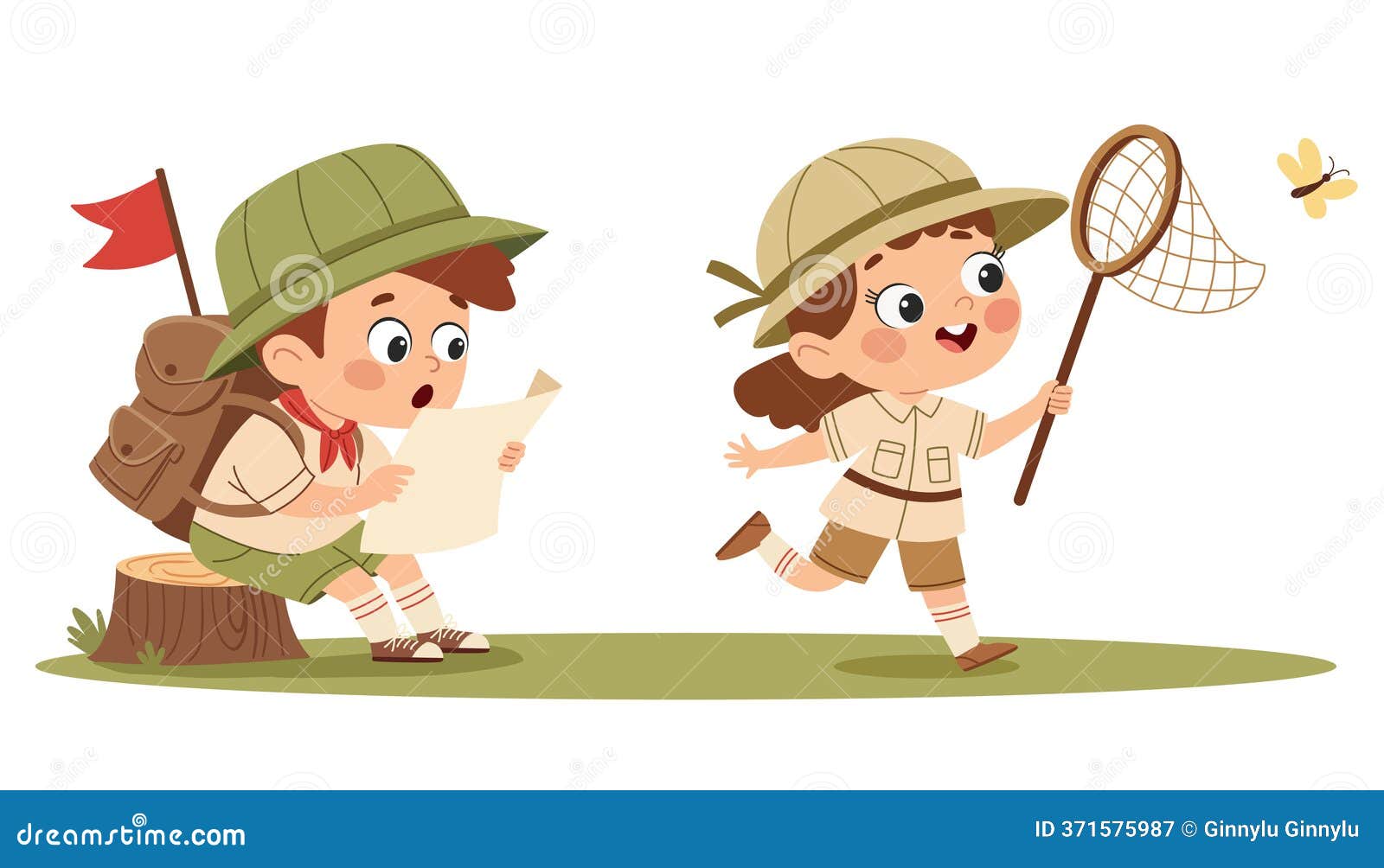 Boy And Girl Scouts With Binoculars In Flat Vector Illustration Symbolizing Adventure, Teamwork ...