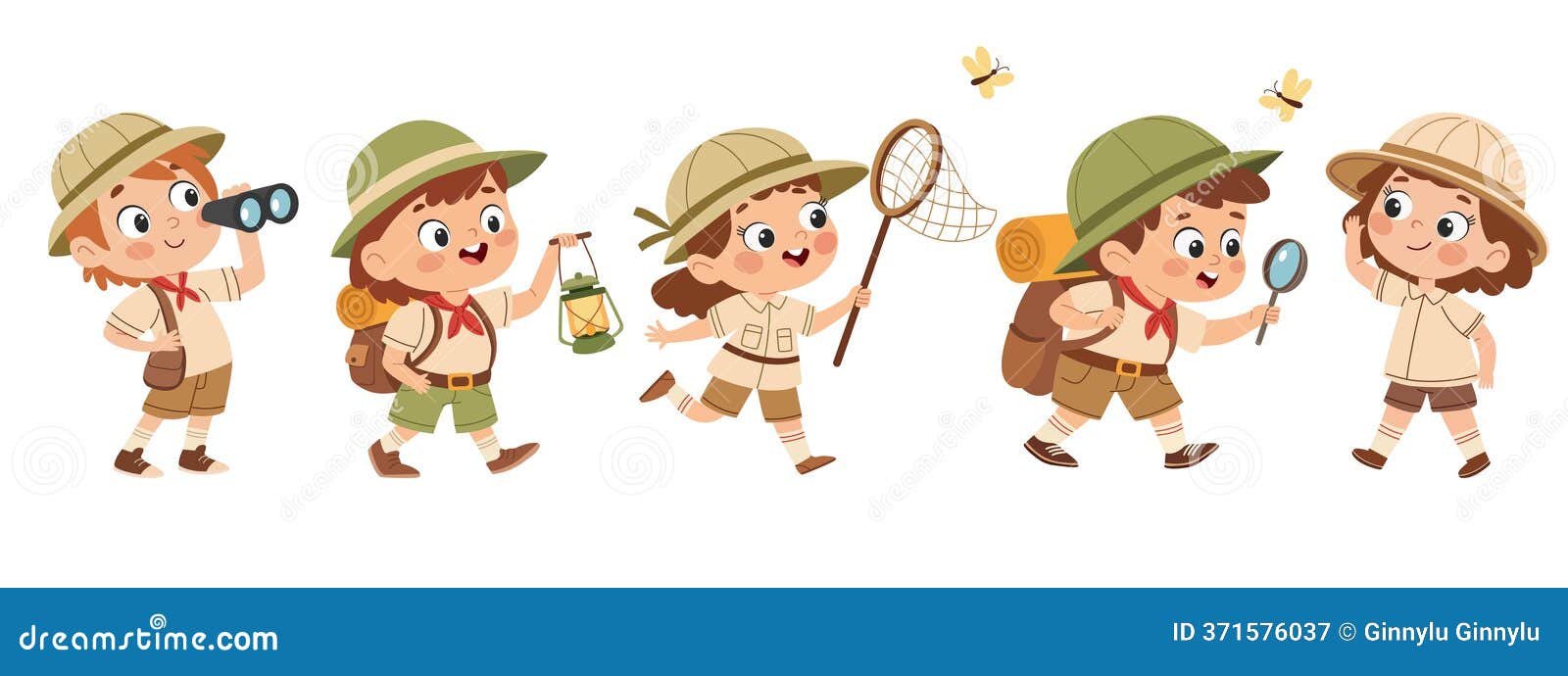 Boy And Girl Scouts With Binoculars In Flat Vector Illustration Symbolizing Adventure, Teamwork ...