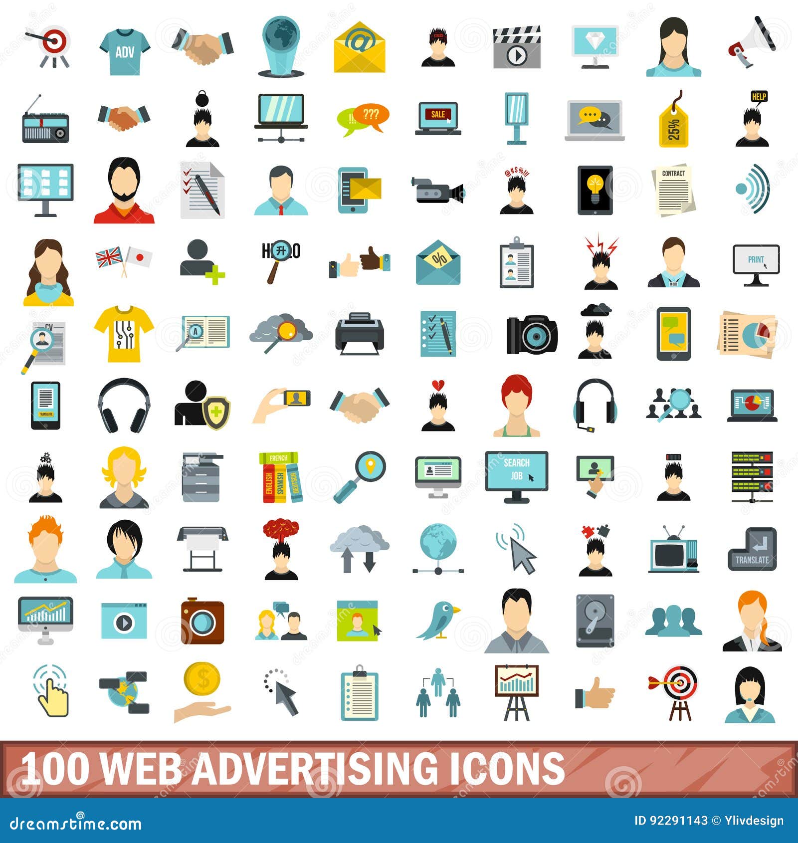 100 Web Advertising Icons Set, Flat Style Stock Vector - Illustration ...