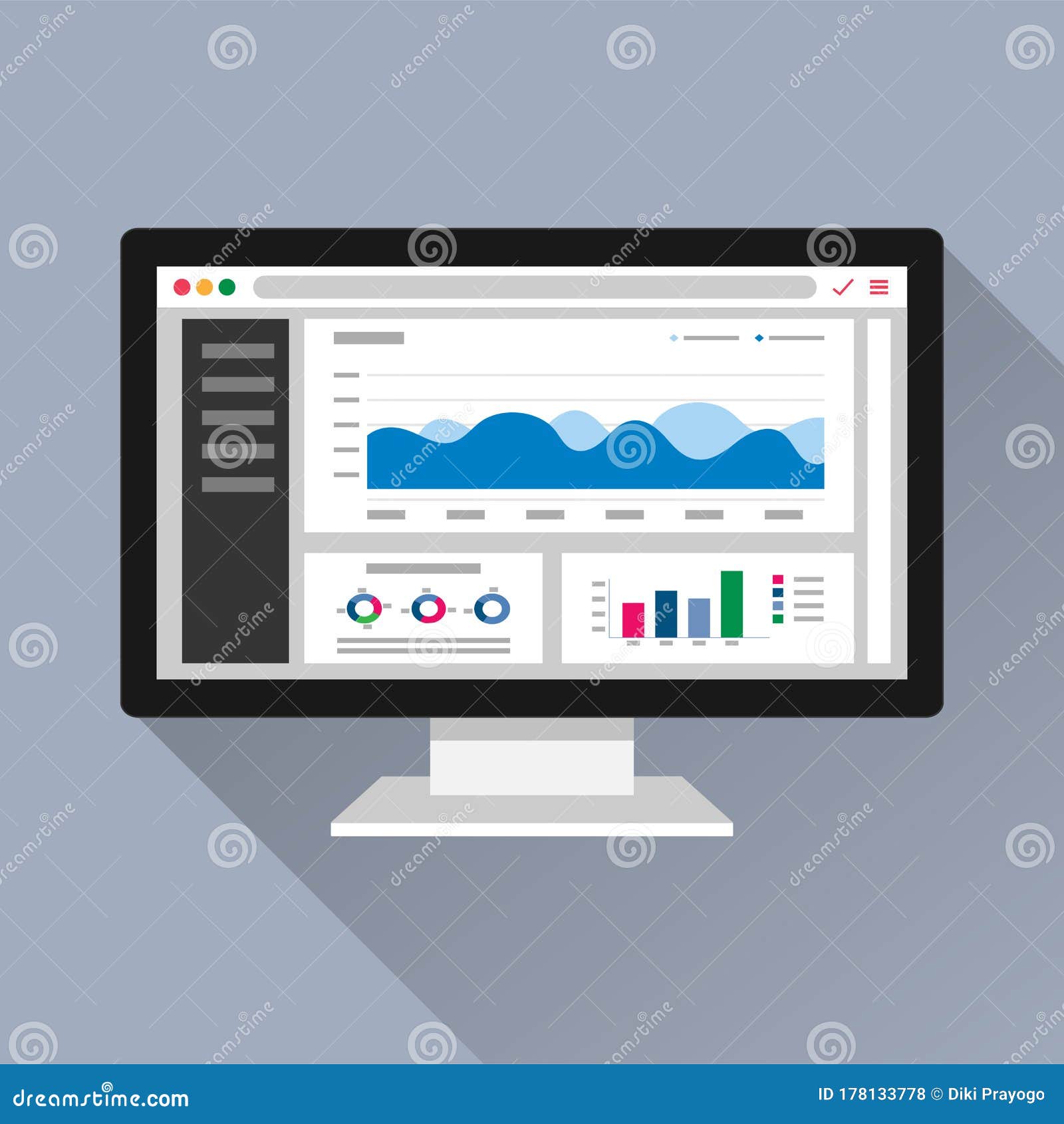 Web Analytic Information on Computer Screen Flat Icon. Trend Graphs ...