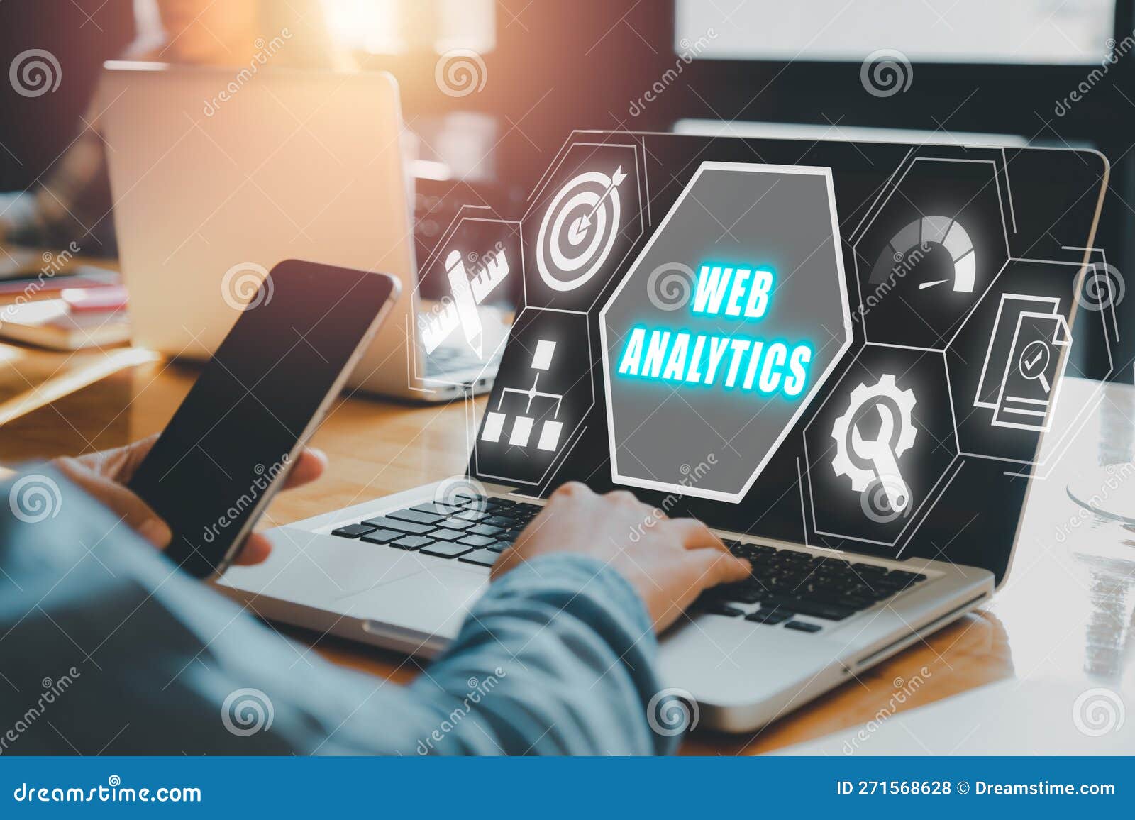 Person Working on Laptop Computer with Web Analytics Icon on Virtual ...