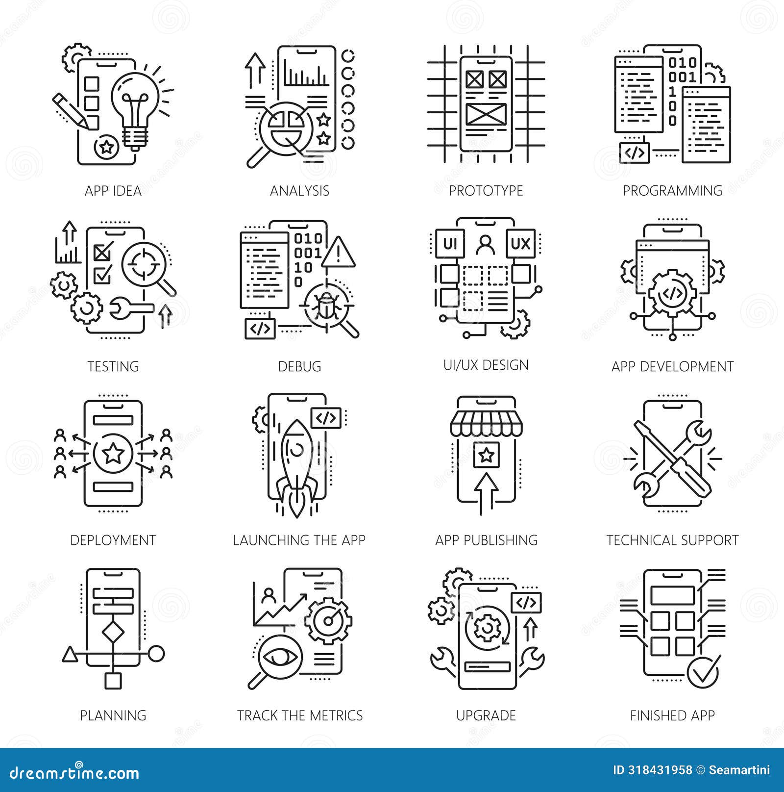 Web App Development And Optimization Line Icons Stock Vector